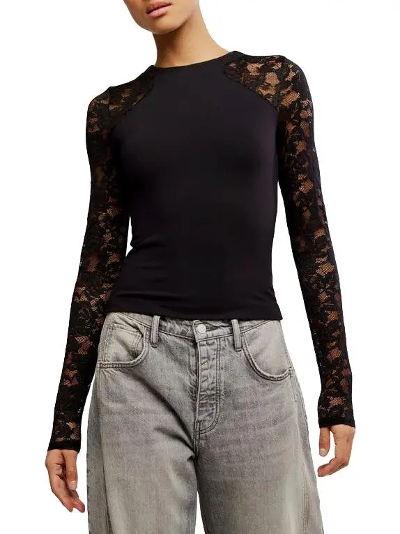 Free People Lace Sleeve Top - Black