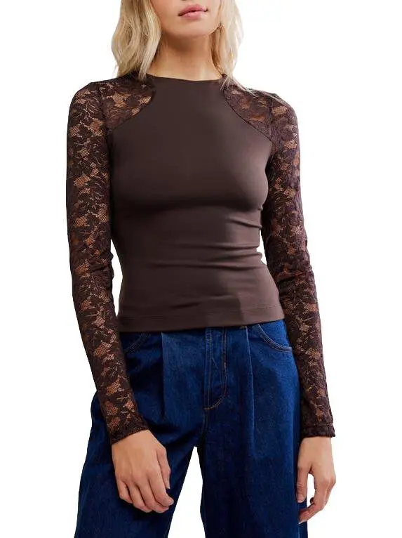 Free People Lace Sleeve Top - Hot Fudge