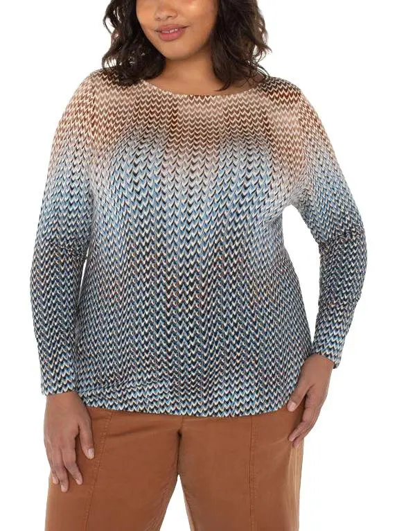 LIVERPOOL Abstract Print Boat Neck Long Sleeve Top - Blue/tan Multi