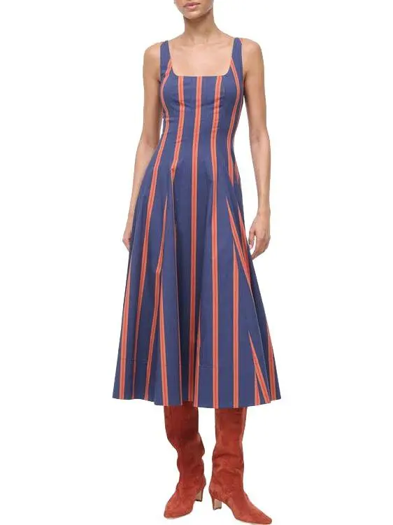 Staud Wells Stripe Fit & Flare Midi Dress - Railroad Stripe