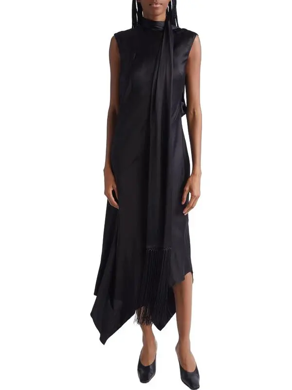 Acne Studios Dale Attached Scarf Asymmetric Satin Dress - Black