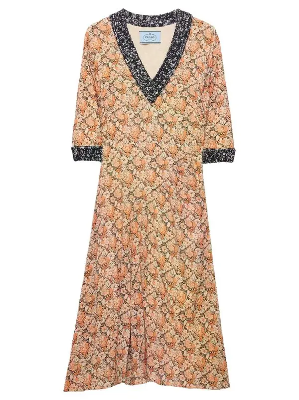 Prada Floral-print Knit-trim Midi Dress - Orange