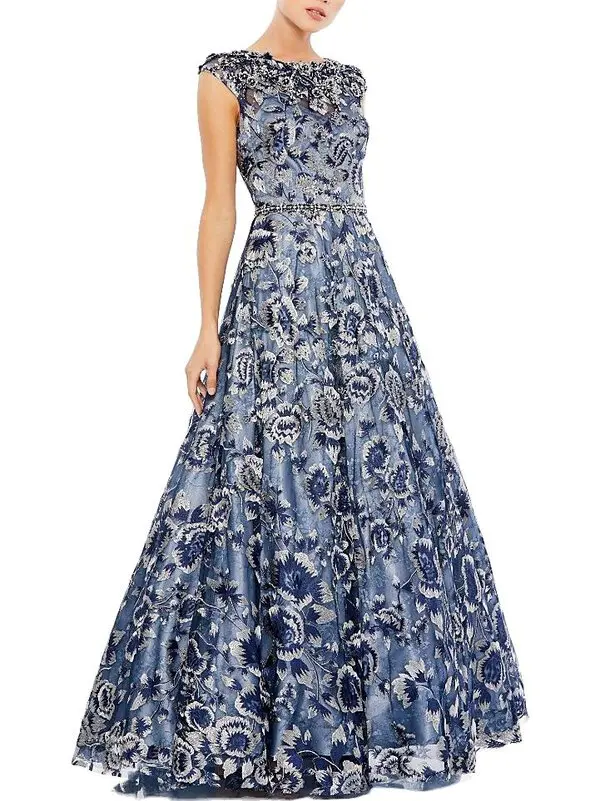Mac Duggal Embellished Cap Sleeve High Neck Ballgown - Blue