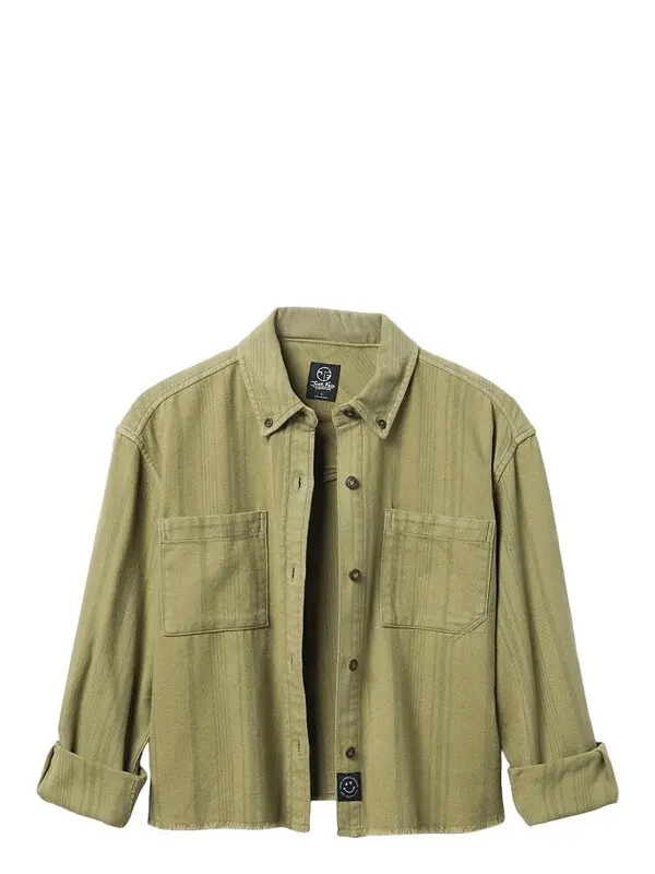 Junk Food Clothing Tonal Stripe Flannel Crop Shirt - Washed Army