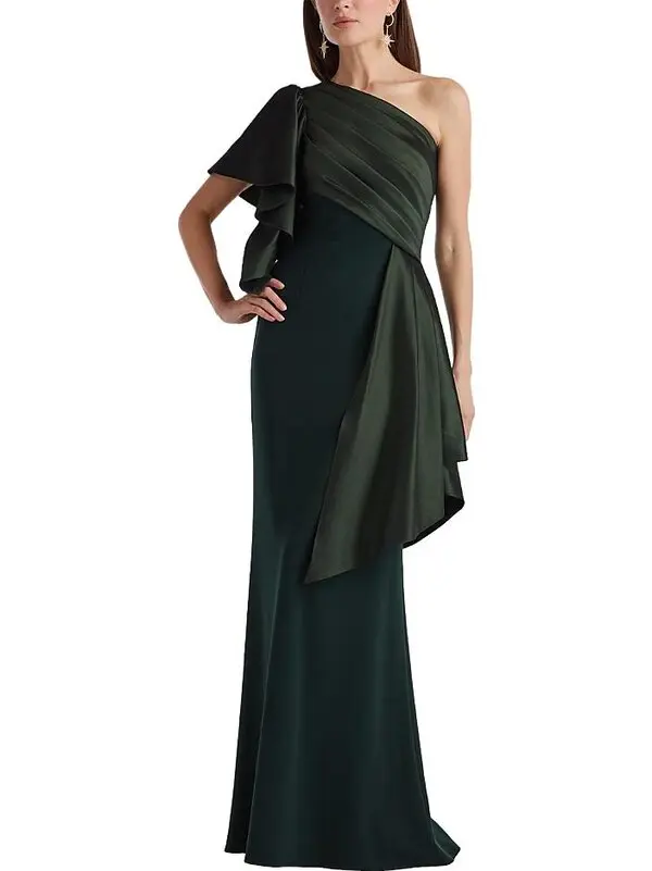 Tadashi Shoji Santa Fe Draped Flounce Gown - Dark Forest