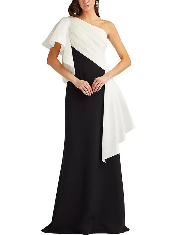 Tadashi Shoji Santa Fe Draped Flounce Gown - White/black