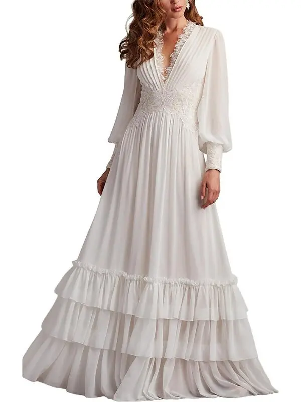 Tadashi Shoji Topanga Tiered Bishop Sleeve Gown - Ivory