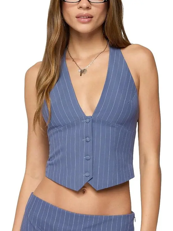EDIKTED Frankey Pinstripe Button-up Halter Top - Blue