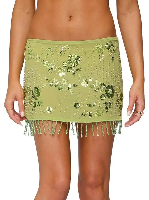 EDIKTED Sheer Sequin Bead Fringed Mini Skirt - Green