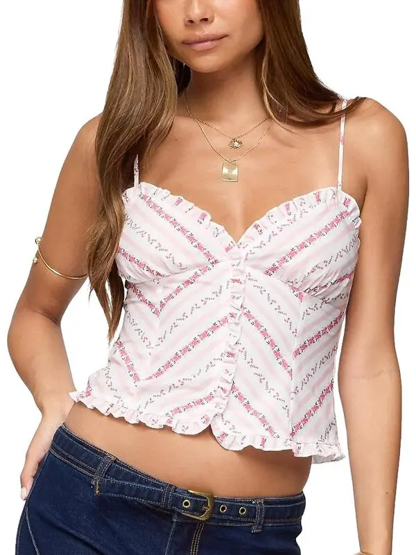 EDIKTED Floral Striped Ruffle Tank Top - Mix