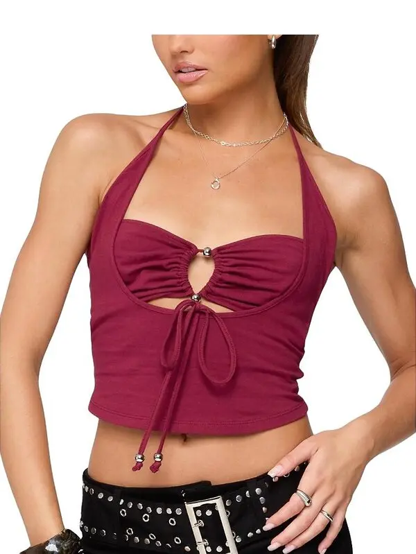 EDIKTED Ayana Layered Bandeau Halter Top - Burgundy