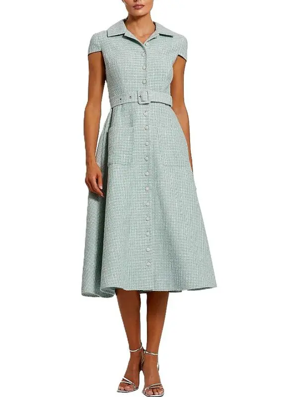 Mac Duggal Boucle Cap Sleeve Button Up Midi Dress - Seafoam