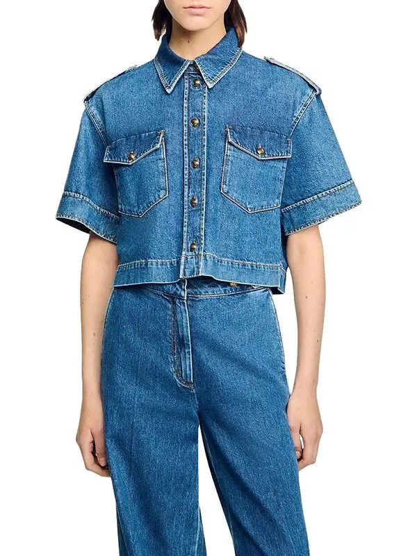 Sandro Cropped Denim Shirt - Blue Jean