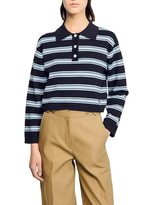Sandro Striped Polo Sweater - Navy Blue