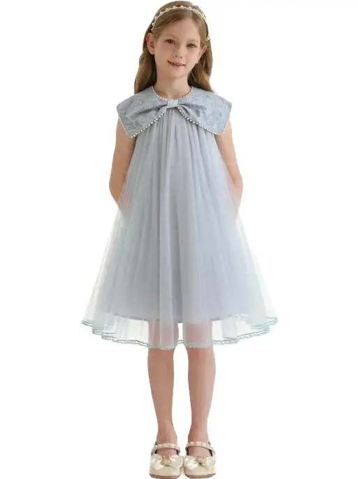 TULLEEN Tulle Party Dress With Pearl Bow Collar - Blue