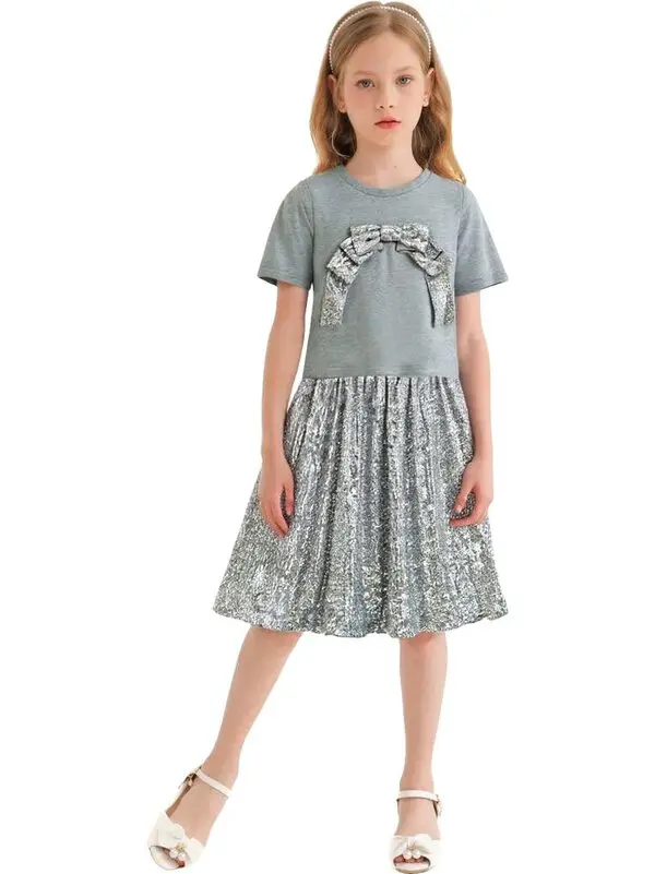 TULLEEN Sequin Bow T-shirt And Skirt Set - Silver