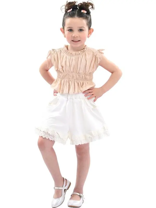 MIMI TUTU Ruffle Bow Outfit Set - Beige