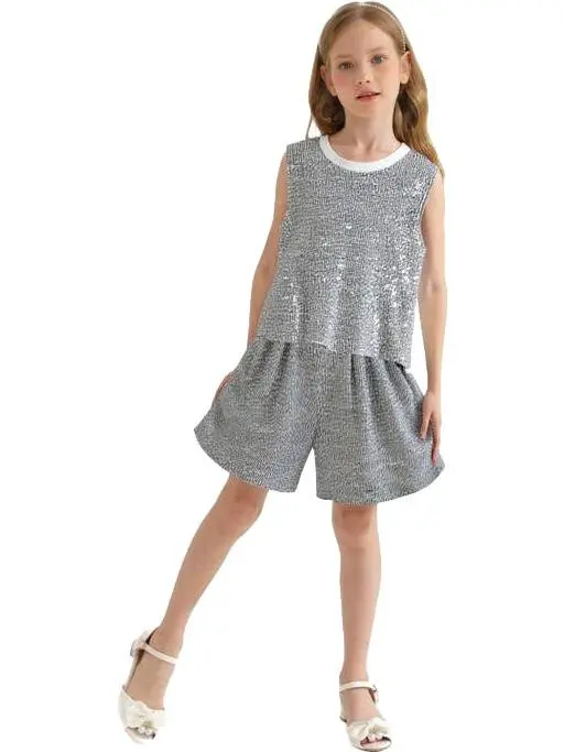 TULLEEN Sequin Sleeveless Shorts Set - Silver