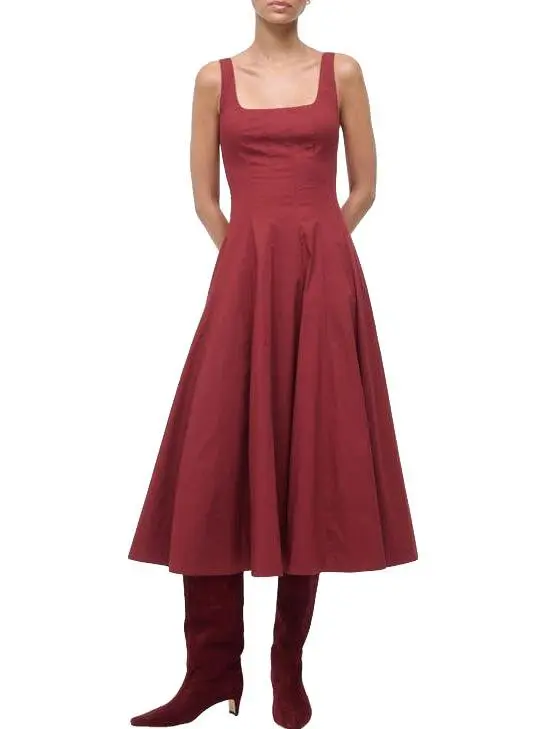 Staud Wells Stretch Cotton Fit & Flare Midi Dress - Sangria