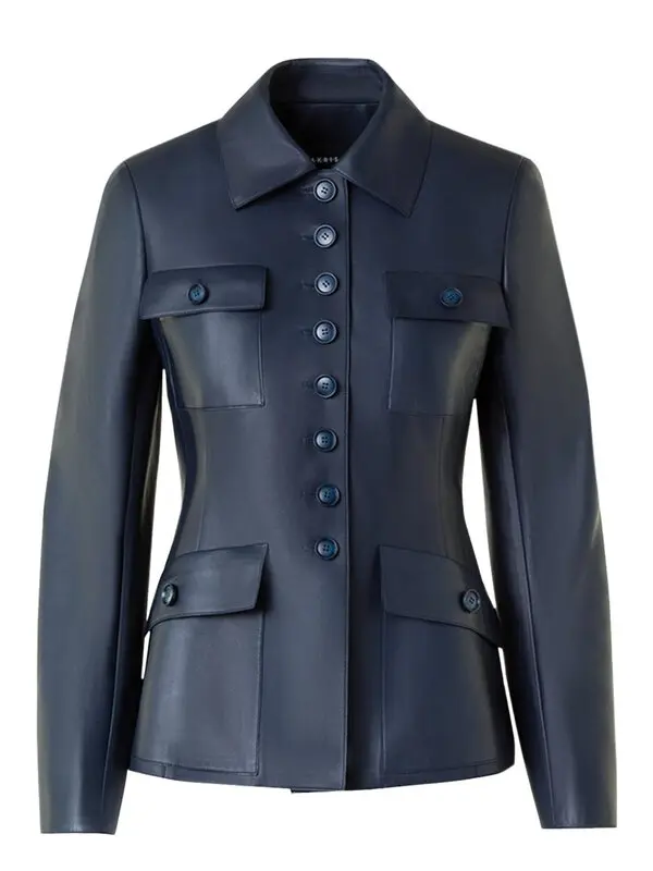 Akris Delia Nappa Leather Fitted Jacket - Blue