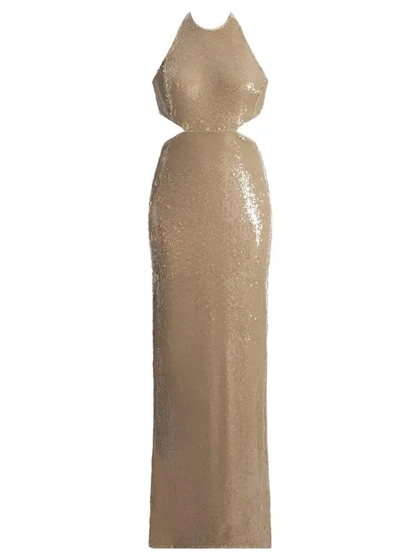 Bcbgmaxazria Cutout Sequin Halter Gown - Almond