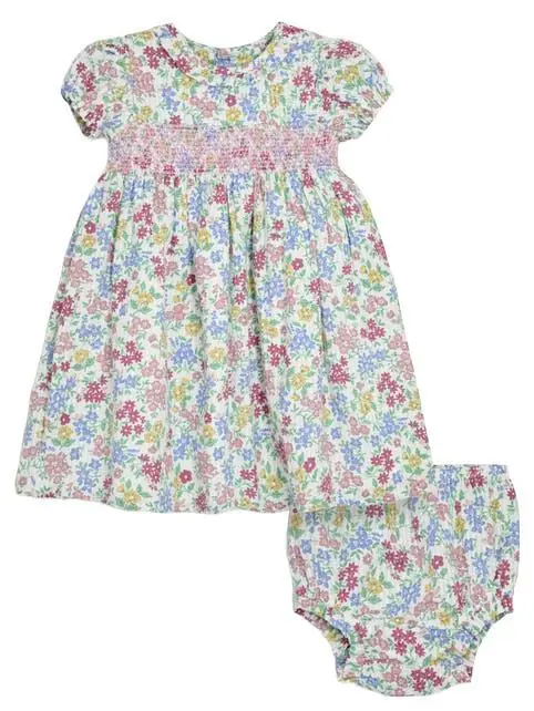 JOJO MAMAN BEBE Smocked Floral Dress With Bloomers - White