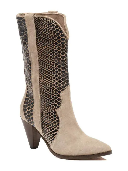 Free People Tapered Heel Western Boots - Beige Suede/snake