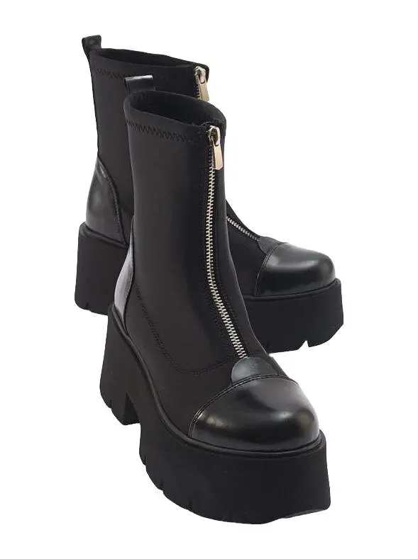 PROLOGUE SHOES Bray Patent Chunky Ankle Boots - Black Patent Faux Leather