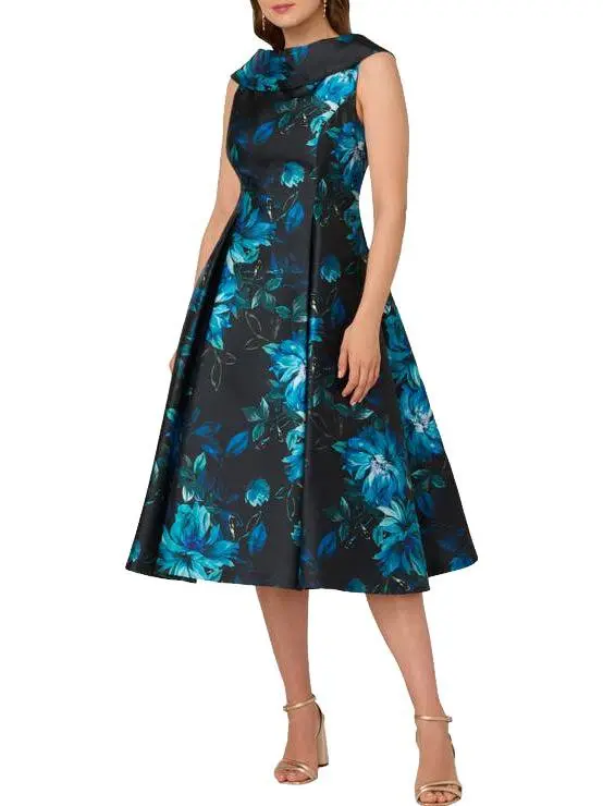 Adrianna Papell Roll Neck Taffeta Fit & Flare Dress - Navy Multi