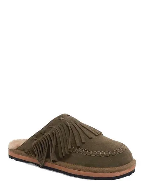 Free People Fallon Fringe Faux Fur Mule Slipper - Military Olive Suede