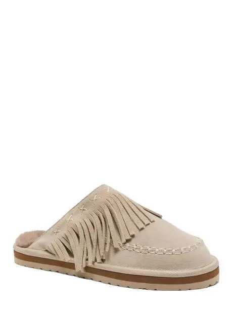 Free People Fallon Fringe Faux Fur Mule Slipper - Sand Suede