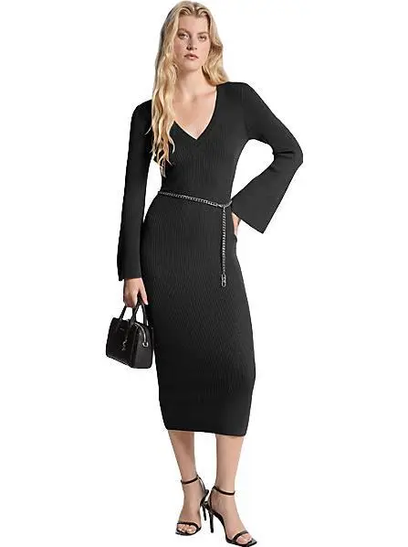 Michael Kors Wool Blend Belted Midi Dress - Black