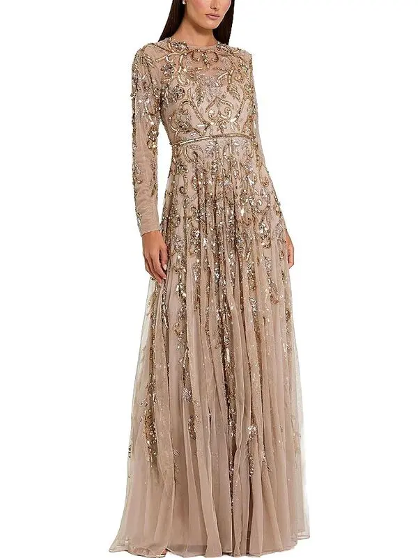 Mac Duggal Long Sleeve Hand-embellished Gown - Mocha Gold