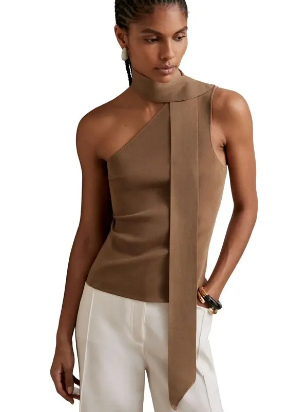 REISS Sasha One-shoulder Scarf Top - Taupe Neutral