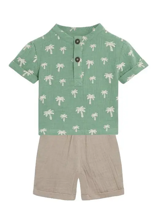 JOJO MAMAN BEBE Palm Tree Cotton Gauze Henley & Shorts Set - Khaki