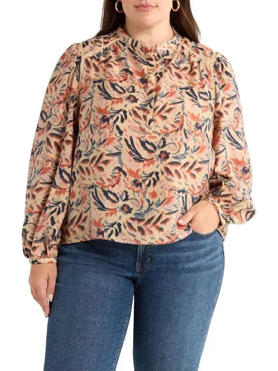 Caslon Embroidered Inset Top - Tan- Navy Ikat Blossom