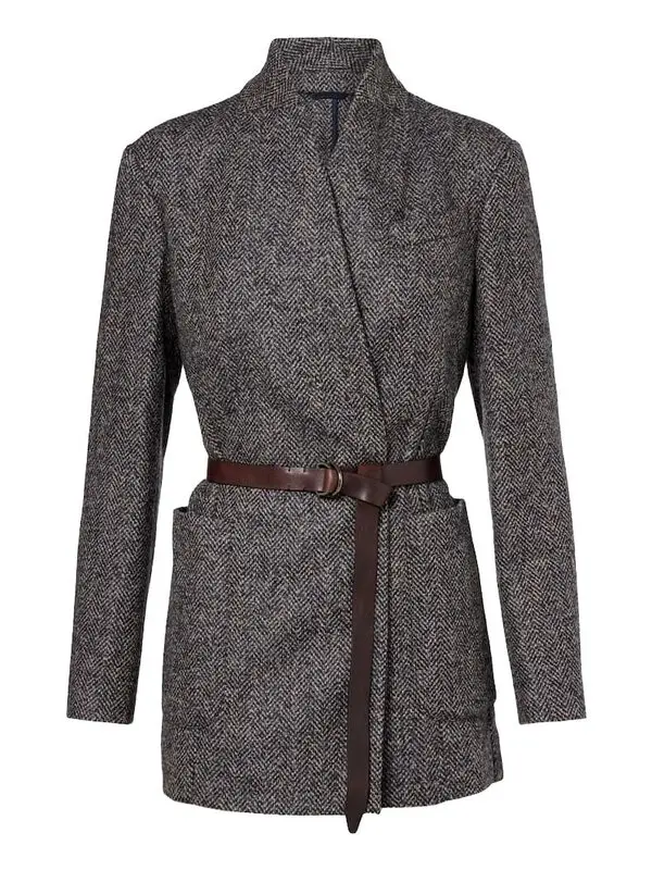 Brunello Cucinelli Herringbone Monili Wool-blend Tweed Blazer - Grey