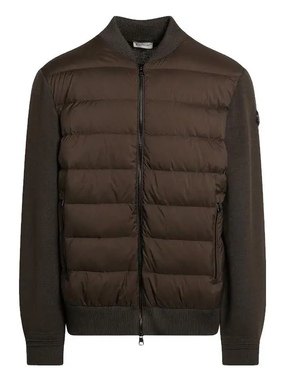 Moncler Cardigan With Padded Nylon Knit Sleeves - Brown
