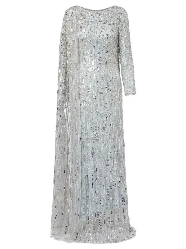 Jenny Packham Pauline Embellished Caped Gown - Silver