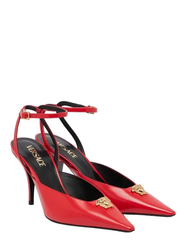 Versace La Medusa 85 Leather Slingback Pumps - Red