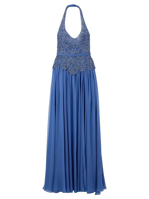Zuhair Murad Silk Crepe De Chine And Embellished Tulle Halterneck Gown - Blue
