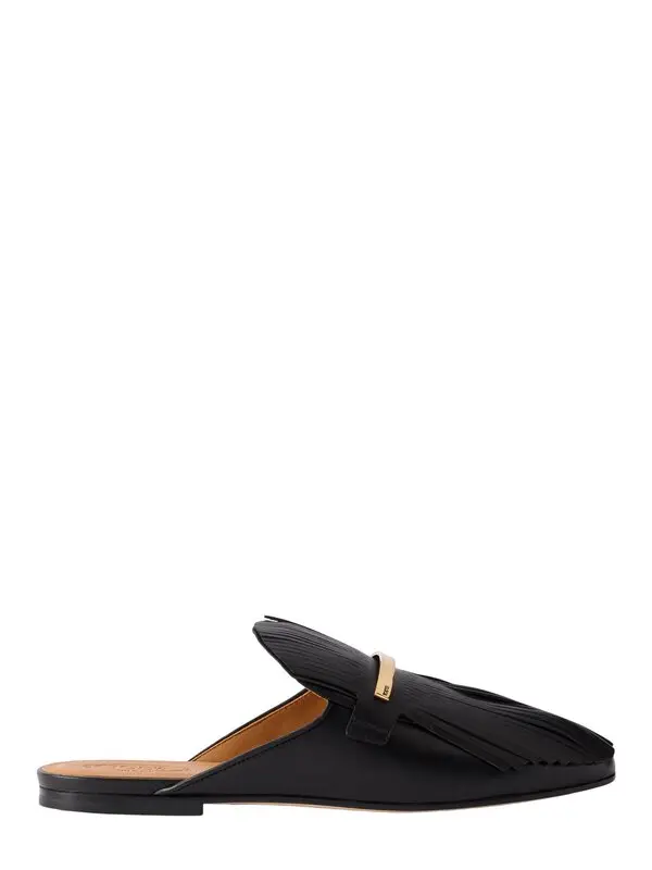 TOD'S Embellished Fringed Leather Slippers - Black