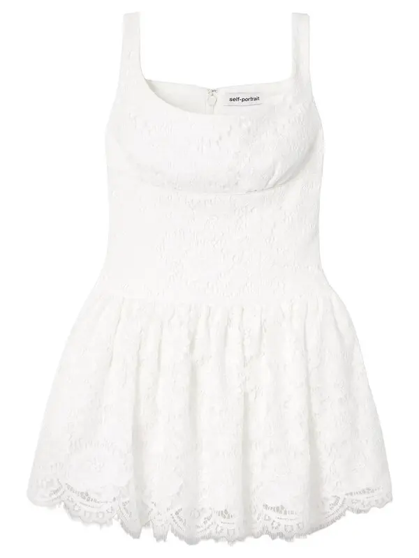 SELF-PORTRAIT Pleated Scalloped Lace Mini Dress - White