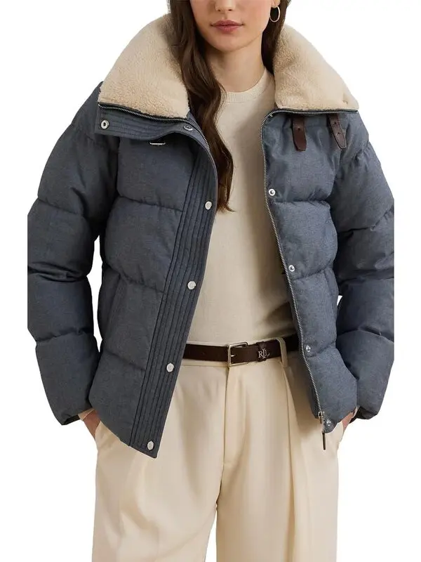 Ralph Lauren Chambray Puffer Jacket With Faux Shearling Collar - Dark Blue Chambray