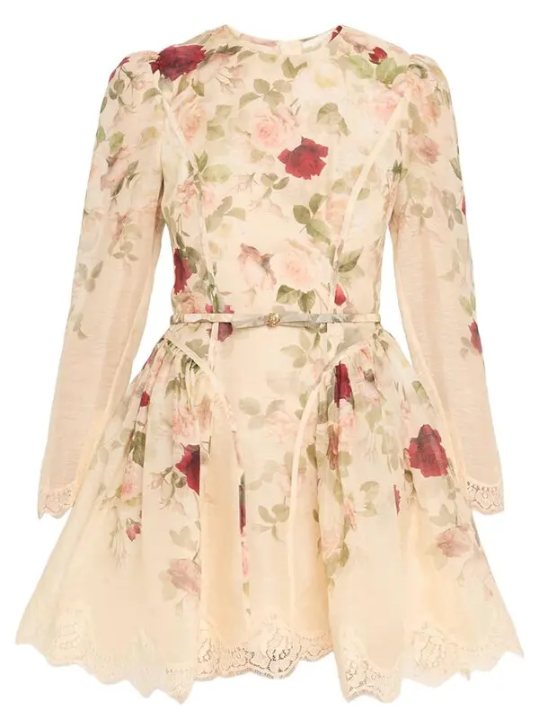 Zimmermann Floral Lace Paneled Mini Dress - Cream Cascade