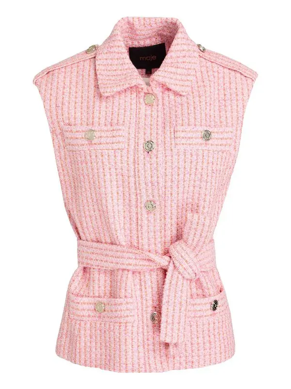 Maje Belted Metallic Cotton-blend Tweed Vest - Baby Pink