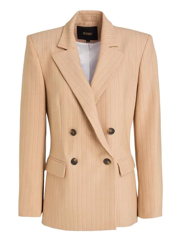 Maje Double-breasted Pinstriped Wool-blend Twill Blazer - Sand