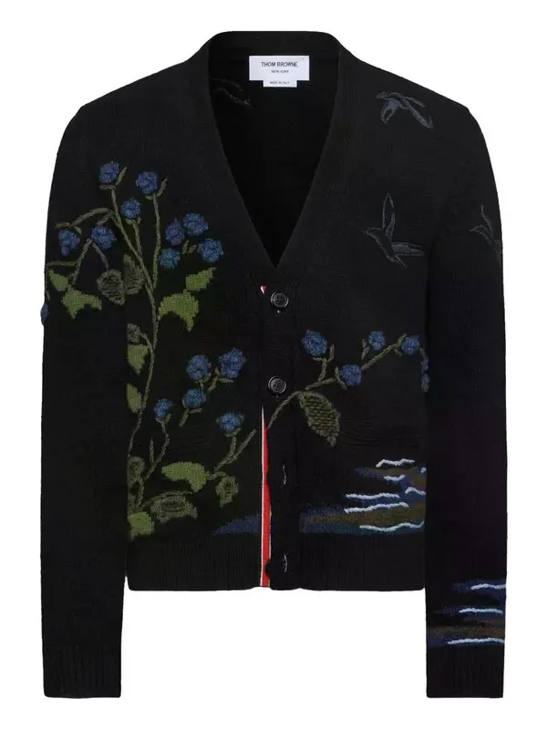Thom Browne Intarsia-knit V-neck Cardigan - Black
