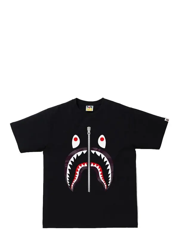 A BATHING APE Camo Shark Tee Shirt - Black/burgundy