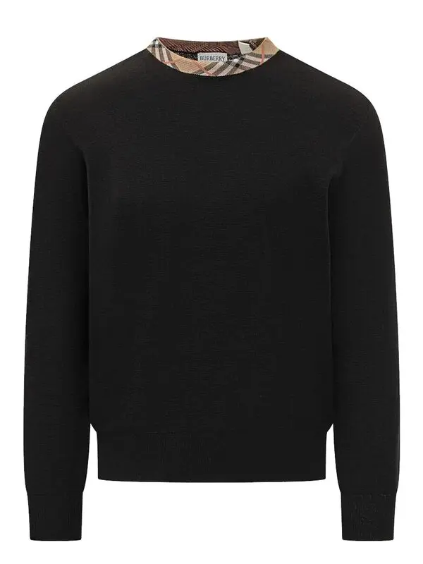 Burberry Crew Neck Sweater With Check Detail - Black